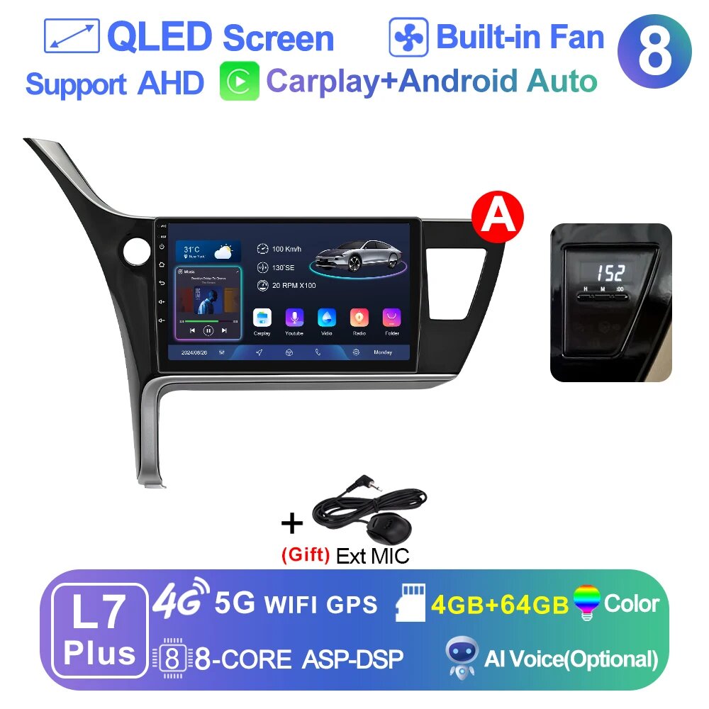 Автомобильный радиоприемник LEHX Android 15 для Toyota Corolla 11 Auris 2017-2019, A-L7 Plus(4-64)