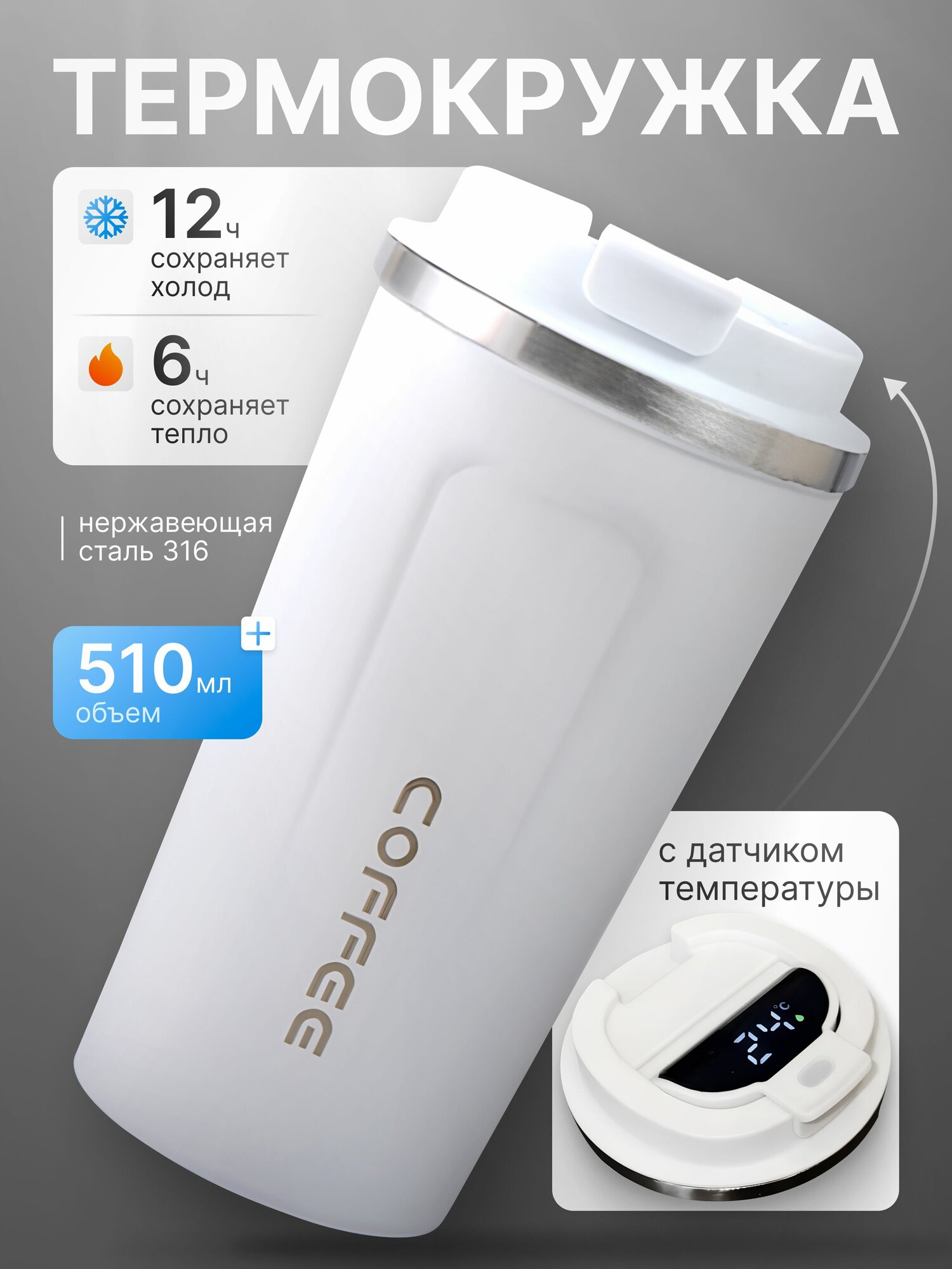 Термокружка для кофе, с датчиком температуры, 510мл, 316 нержавеющая сталь