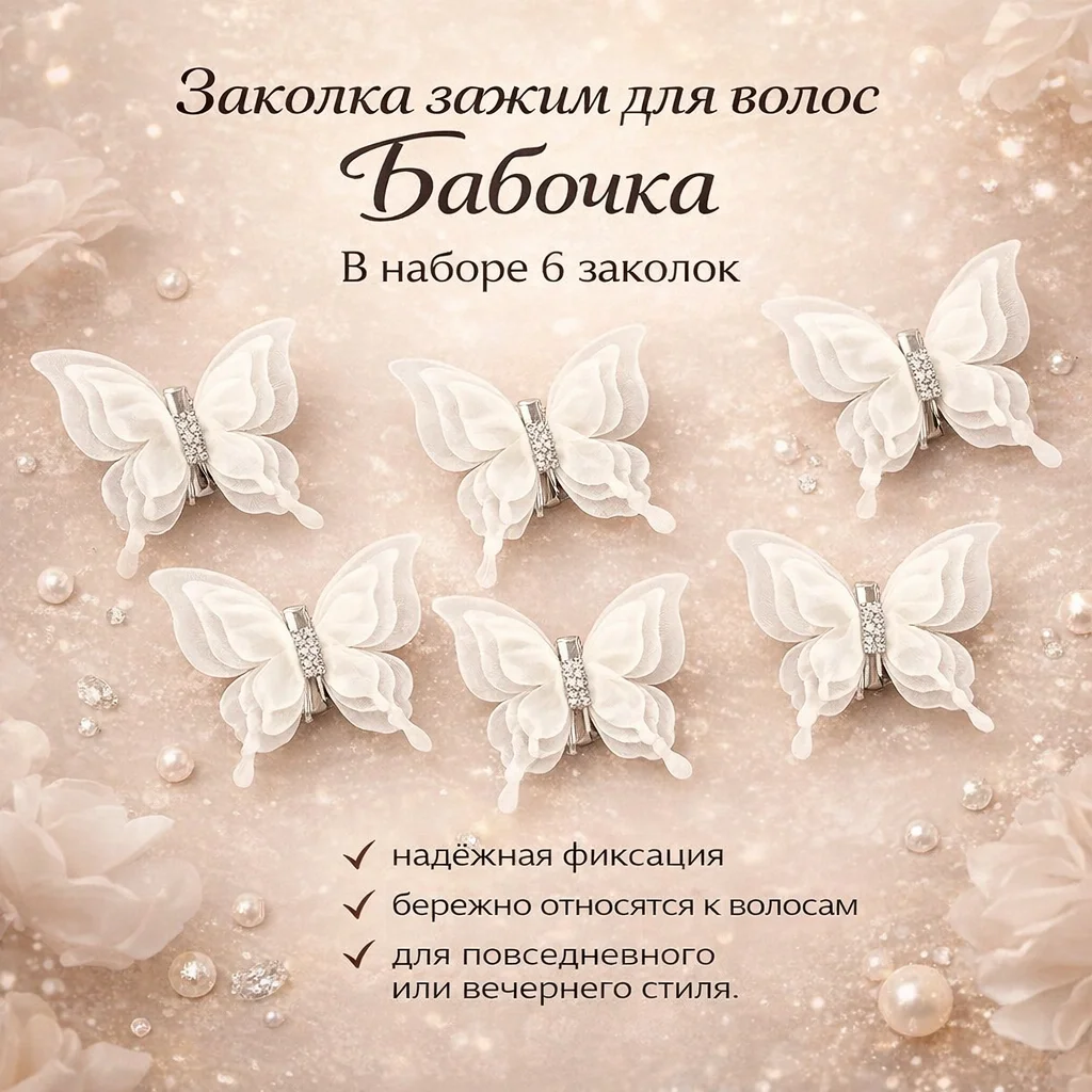 Набор Заколок зажимов для волос Бабочки белые со стразами 6 штук