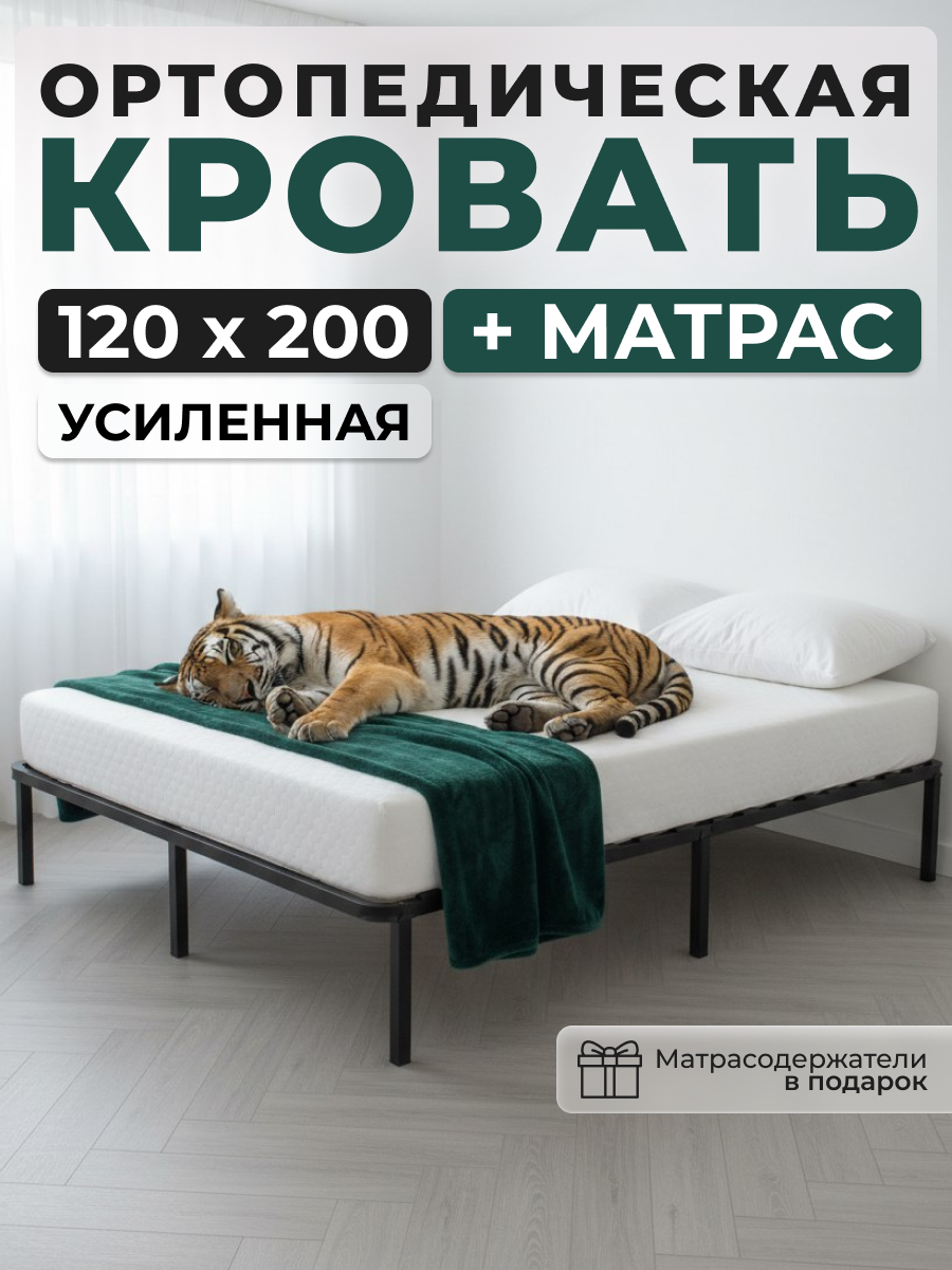 Кровать без спинки Alicia и матрас 120х200, металл, ортопедическое ламельное основание, черная усиленная