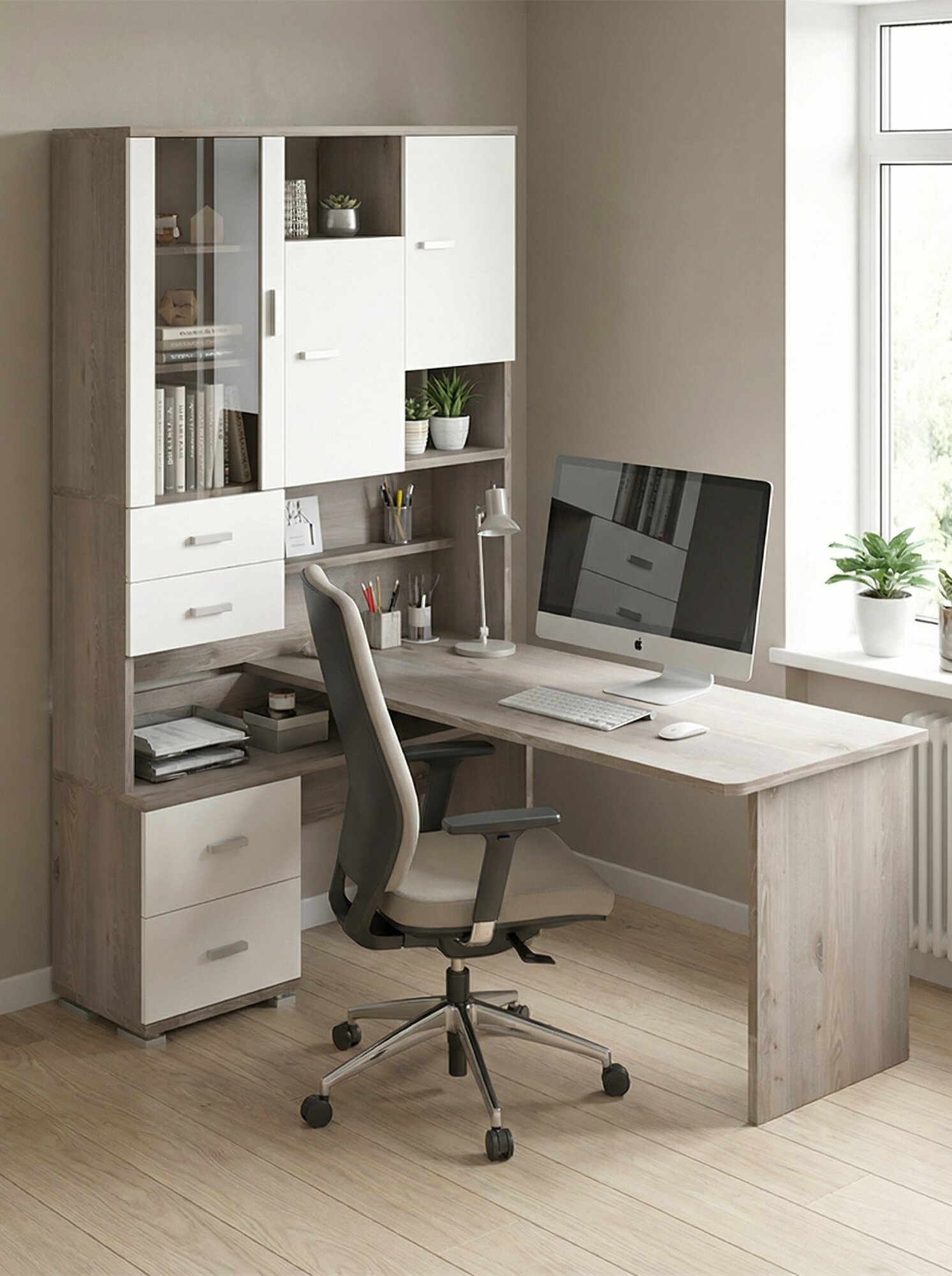 Стол компьютерный Мэрдэс СР-620/160 нбен-лев Нельсон/Белый/Нельсон, угловой, 130х160х216 см, с ящиками, с полками