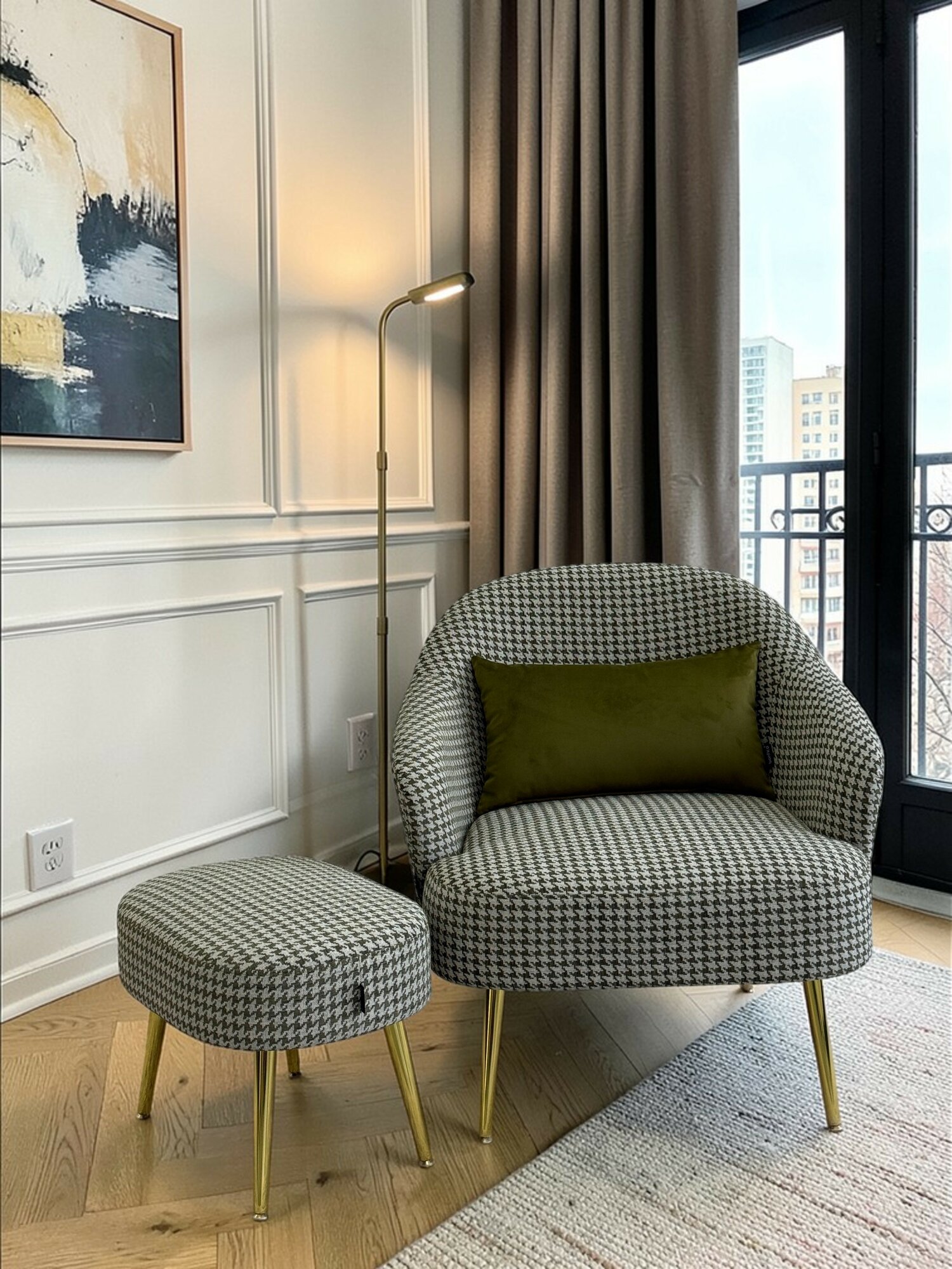 Кресло классическое Леон и пуф, для дома и отдыха, принт гусиная лапка, зеленое кресло, золотые опоры