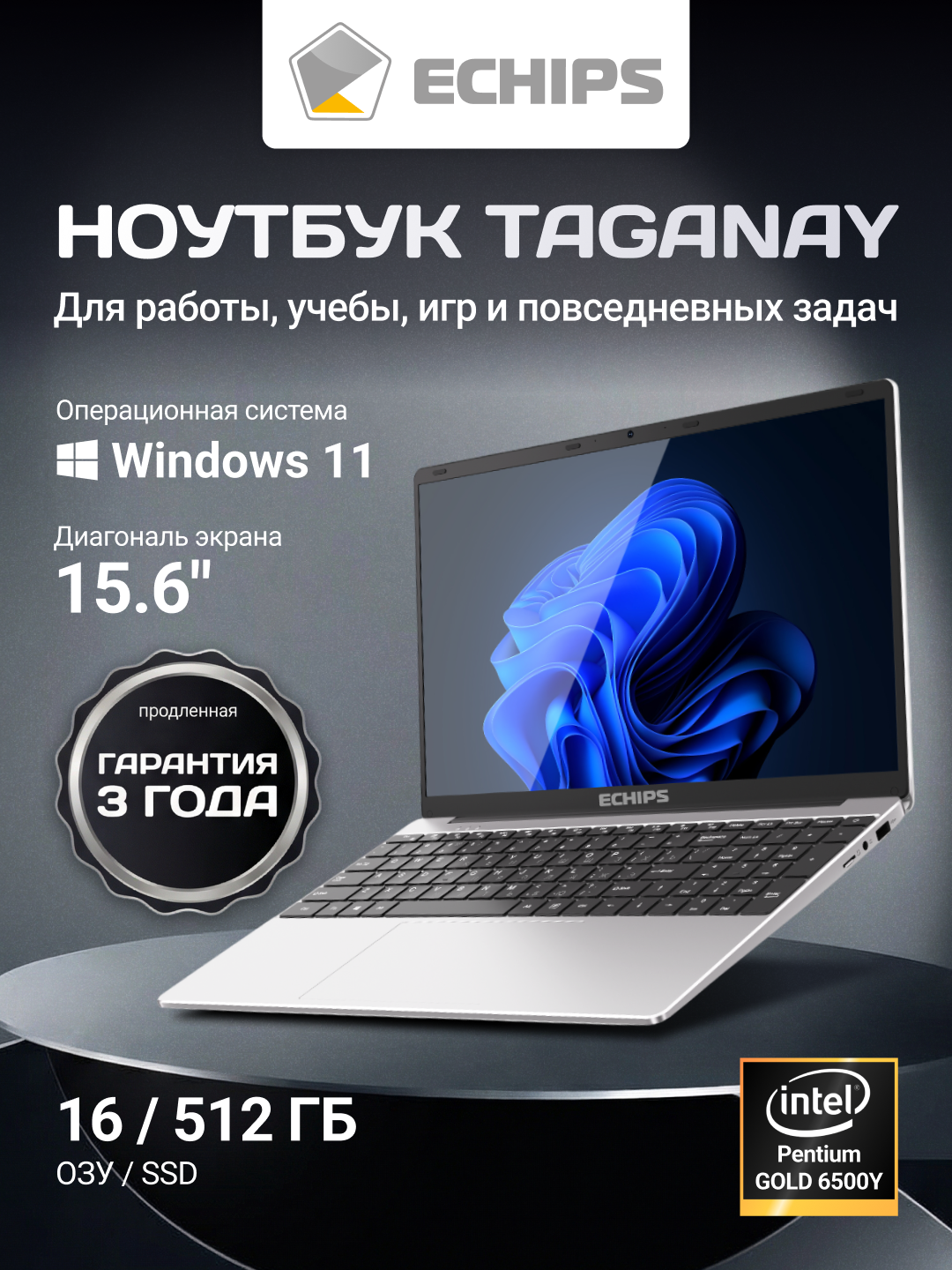 15.6" Ноутбук ECHIPS Taganay серый Intel Pentium GOLD 6500Y, 2 ядра, ОЗУ 16 SSD 512, IPS 1920Х1080, Intel UHD Graphics с ОС Windows 11 Home