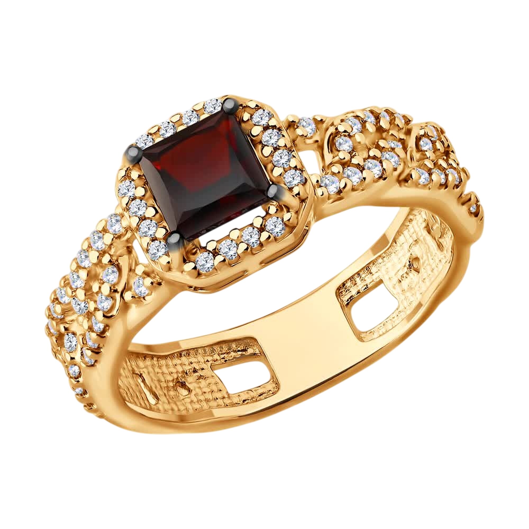 Кольцо, серебро, 925 проба, золочение, гранат, фианит