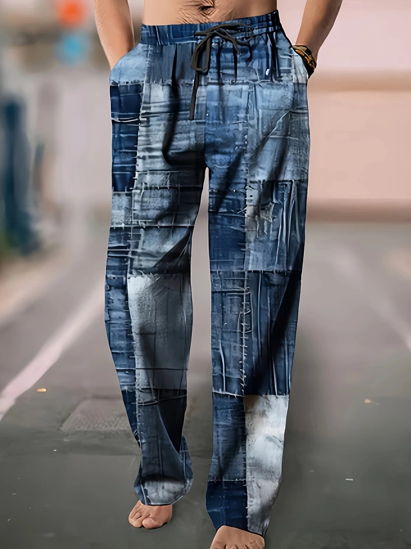 Новые мужские эластичные льняные брюки в богемном стиле с этническим Темно-синий, М, SJCZXH2025171BM