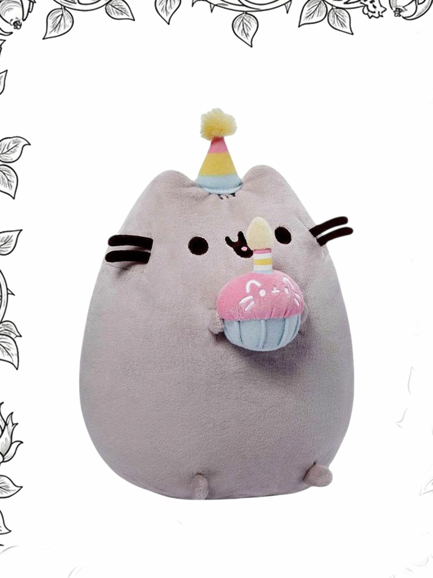 Мягкая игрушка Кот Пушин с тортом15 см, серый