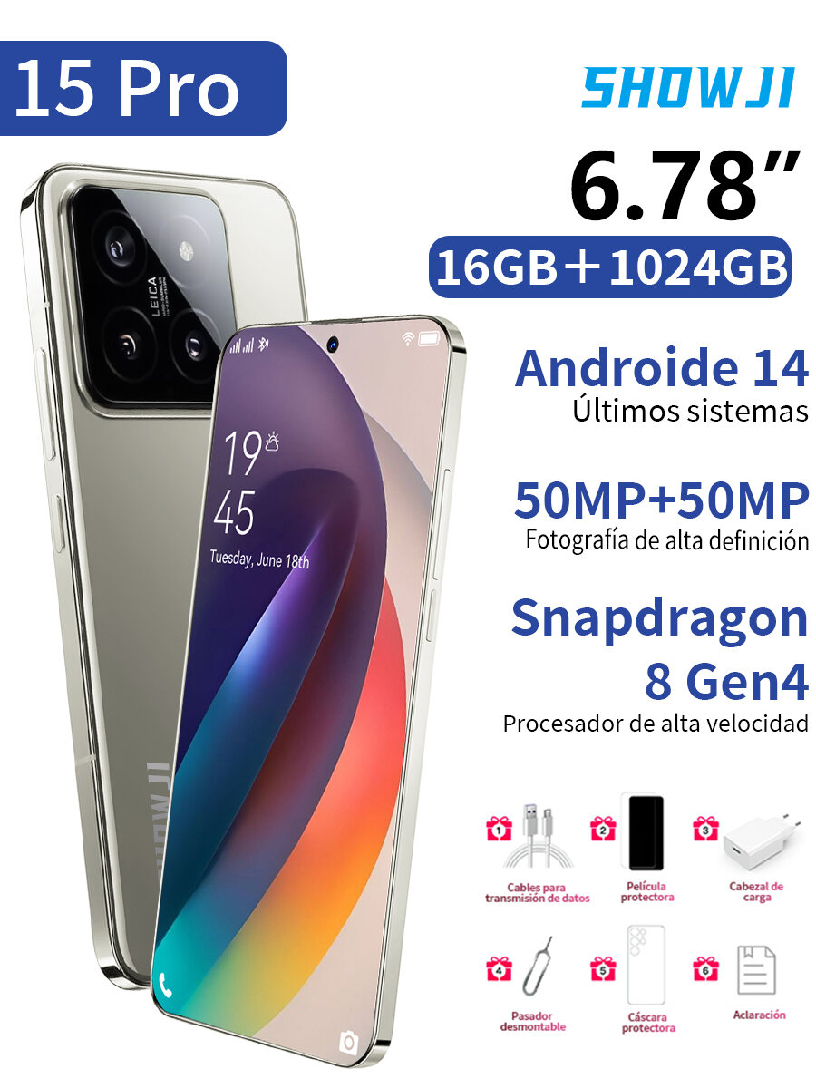Смартфон I15 pro, 16 ГБ/1024 ГБ памяти, 6.78", 50 Мп/50 Мп, 5500 мАч, Функция распознавания лиц, Доступно три цвета.