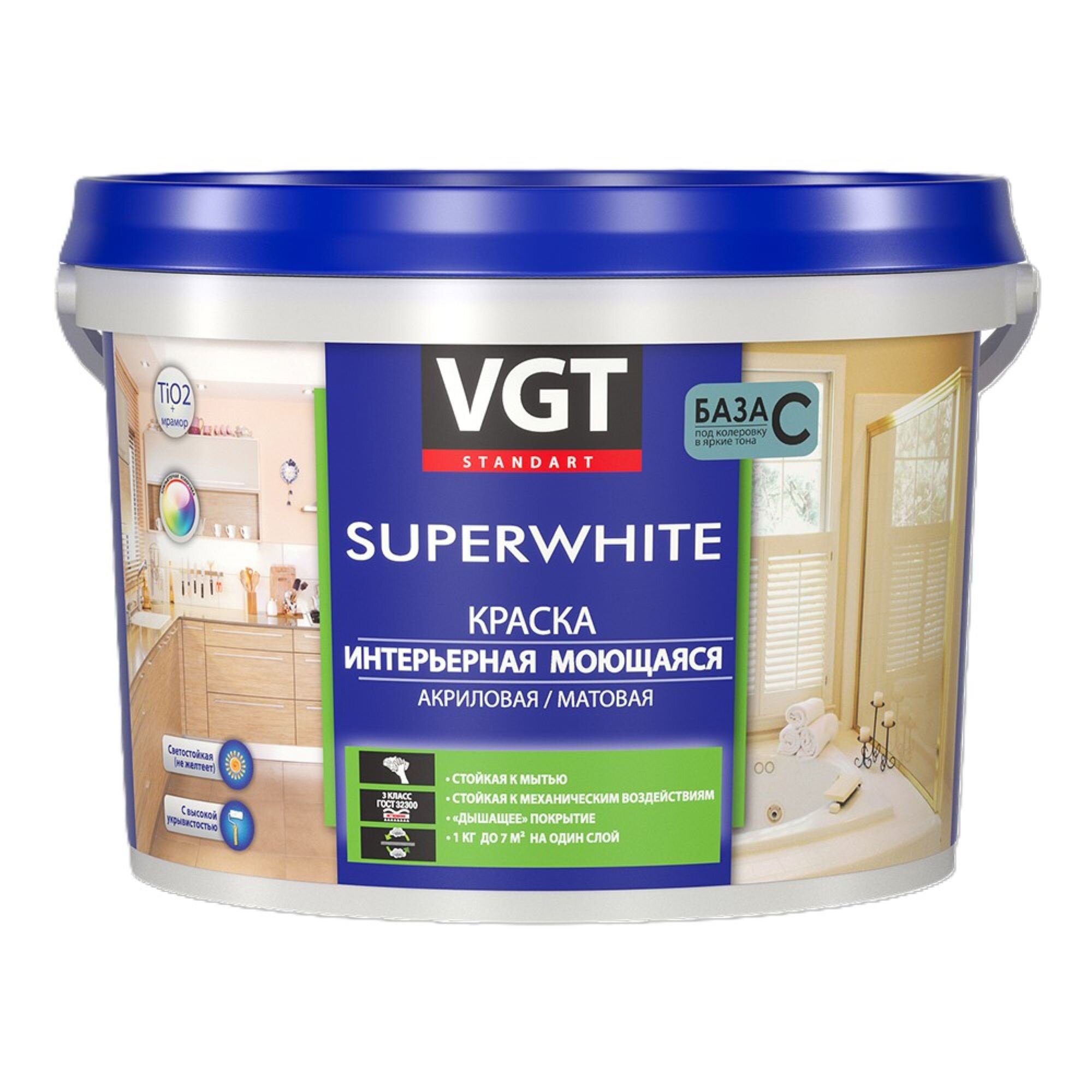 Краска интерьерная моющаяся VGT ВД-АК-1180, матовая, база C, бесцветная, 13 кг