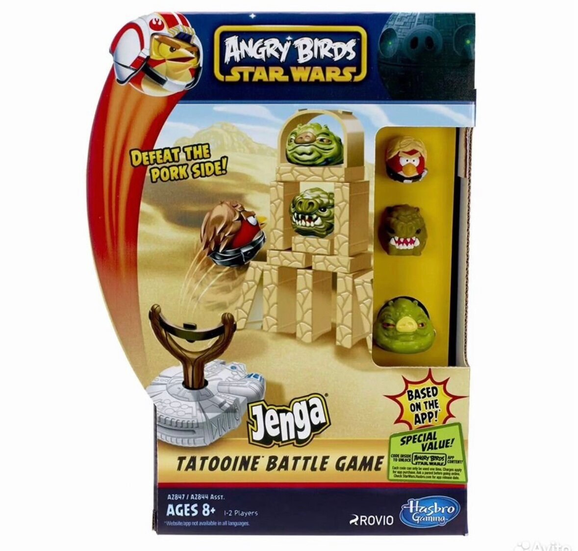 Игра Hasbro "Jenga Angry Birds Star Wars Tatooine Battle Game" Дженга Боевая Игра на Татуине, деревянные блоки, 3 фигурки и 2 кубика, 12 блоков