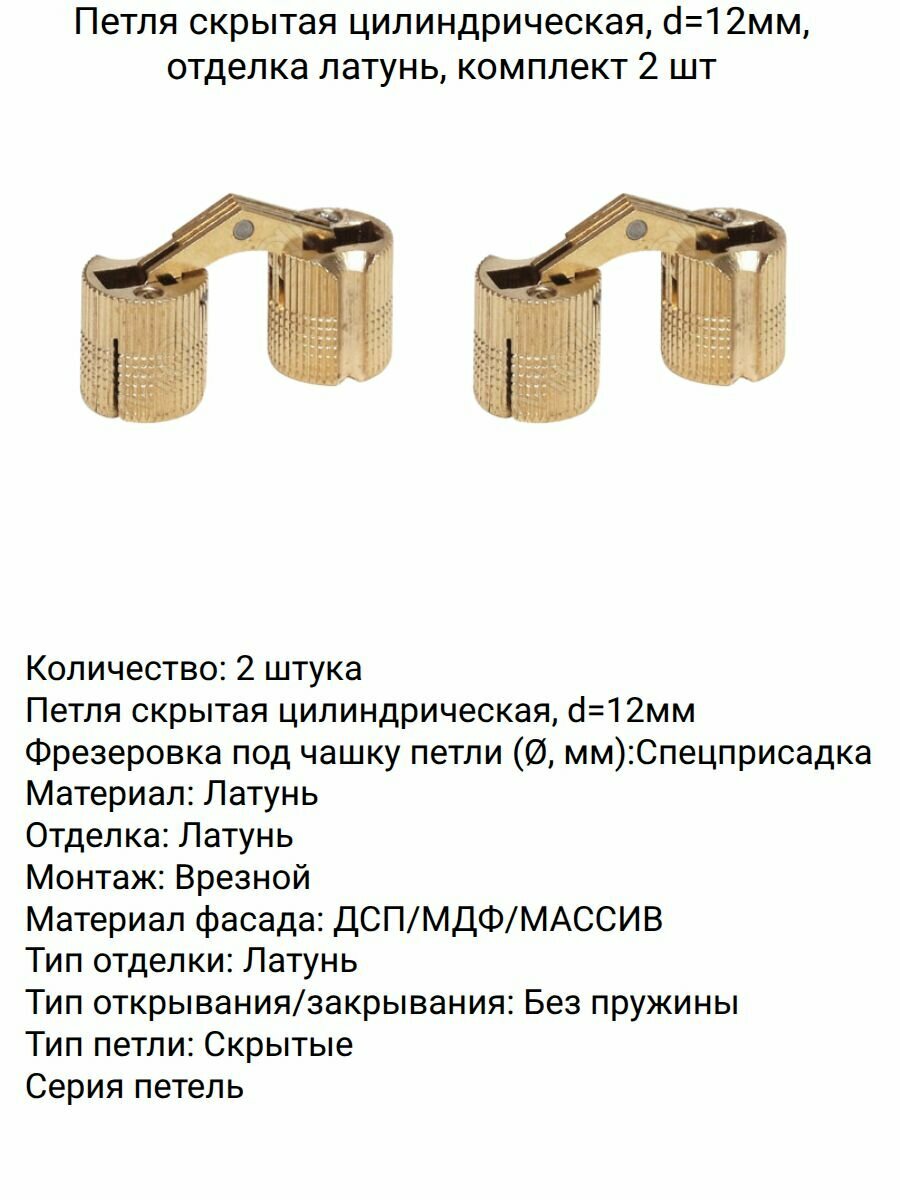 Петля ломберная скрытая цилиндрическая, d 12 мм, отделка латунь, комплект 2 штуки
