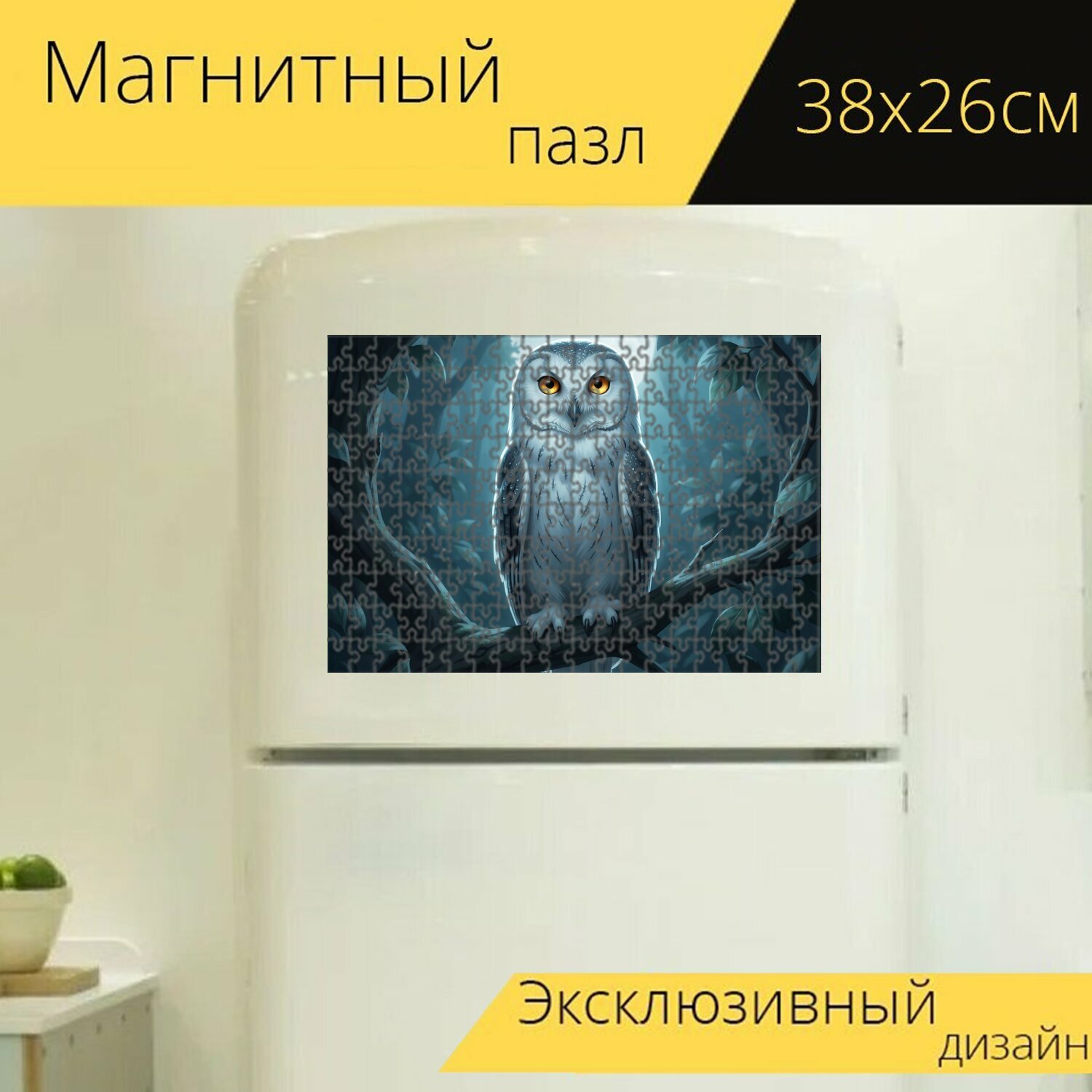 Магнитный пазл "Белая сова в ночном лесу. Мудрая полярная птица с янтарными глазами сидит на ветке среди листвы в лунном свете. Цифровая иллюстрация в." для интерьера, 38х26 см.