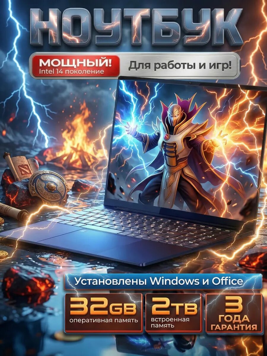 Ноутбук игровой 2026 Intel H-series, RAM 32GB, SSD 2048GB, IPS + Windows, Office