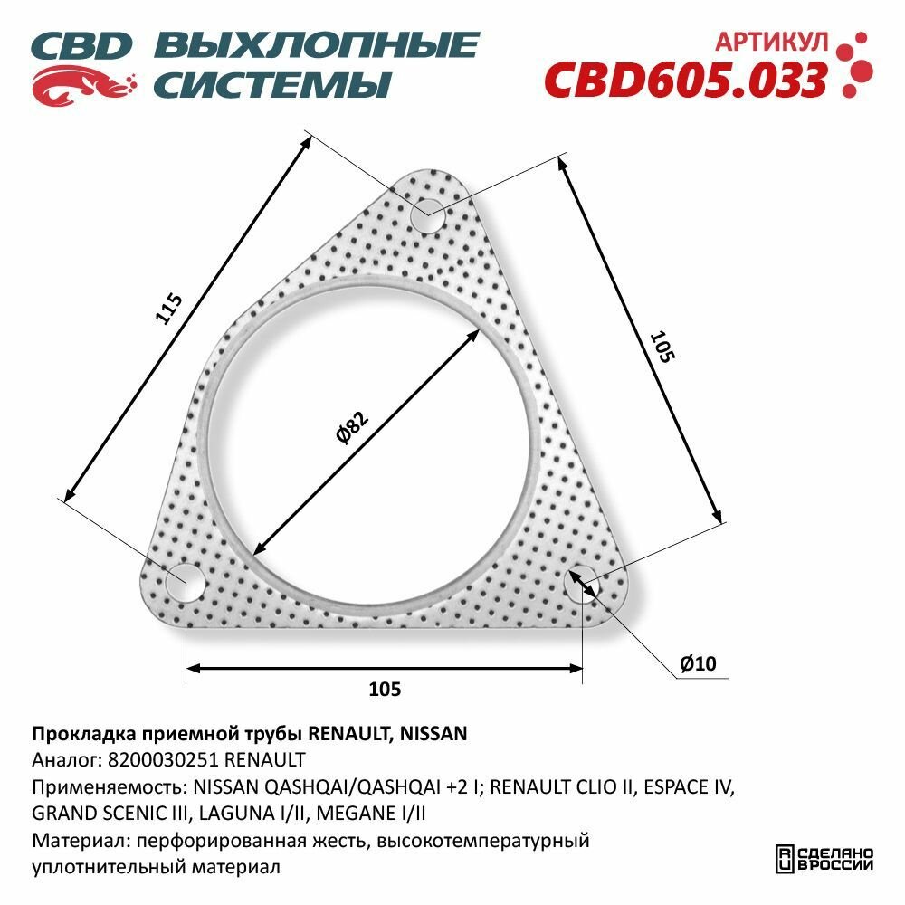Прокладка приемной трубы RENAULT, NISSAN 8200030251. CBD605.033