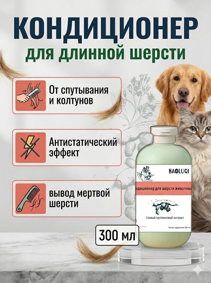 Кондиционер для собак и кошек, бальзам от колтунов, увлажняющий и смягчающий, для легкого расчесывания шерсти 300 мл