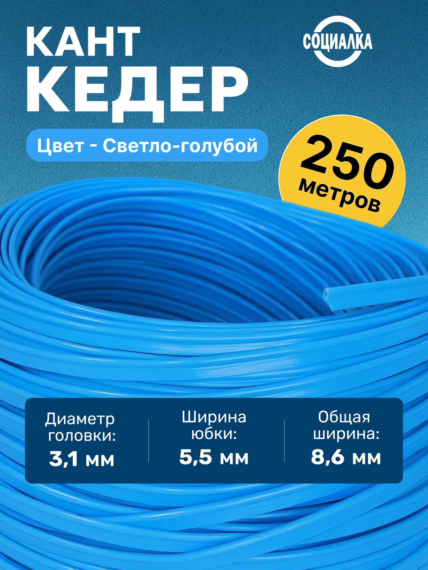 Кедер ( кант, жилка) для сумок, авточехлов и одежды, намотка 250м, светло-голубой/размер: ширина головки 3,1мм; длина юбки 5.5мм