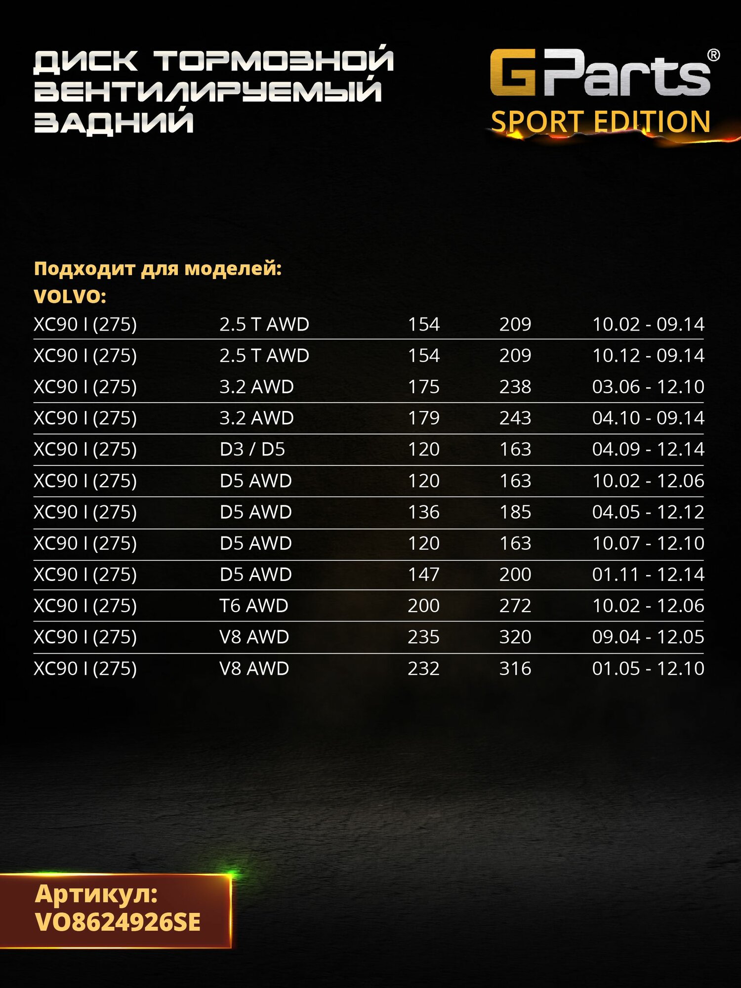 Диск тормозной перфорированный вентилируемый задний GParts (VO8624926SE) Sport Edition — фото 1
