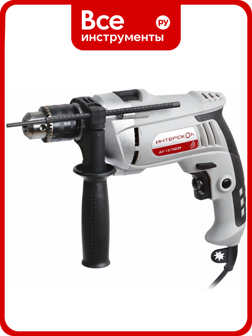 Ударная дрель ИНТЕРСКОЛ ДУ-13/750ЭР щеточный с ключевым патроном, реверсивный механизм, ударный режим профессионального