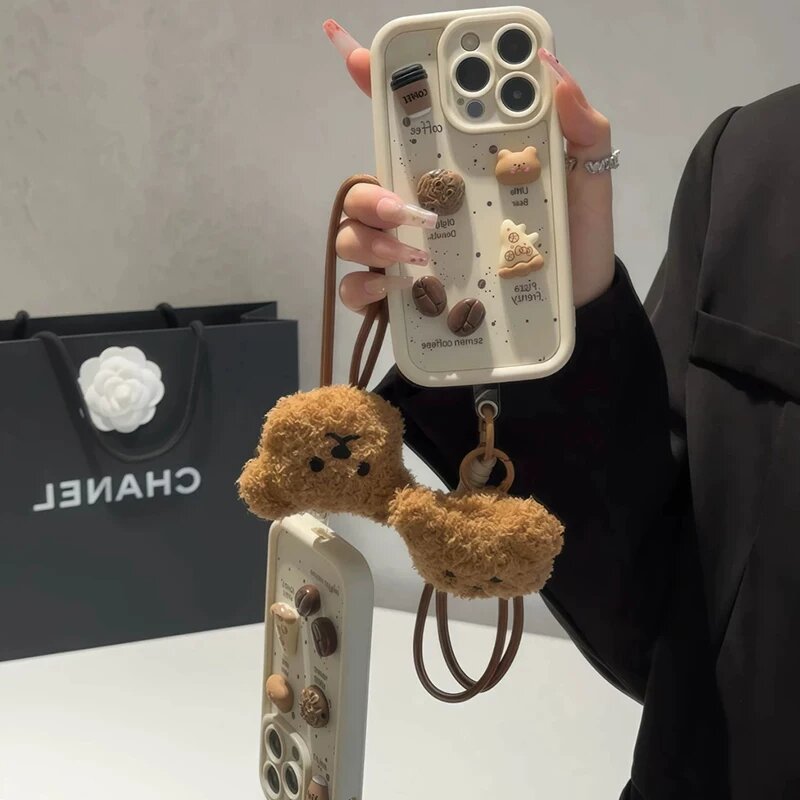 Чехол для iPhone 11 Pro Max с белой рамкой и точными вырезами, включает плюшевую медвежью игрушку и шнурок