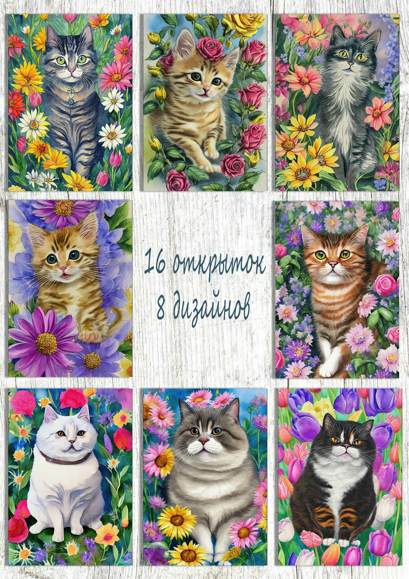 Открытки котики, 16 штук