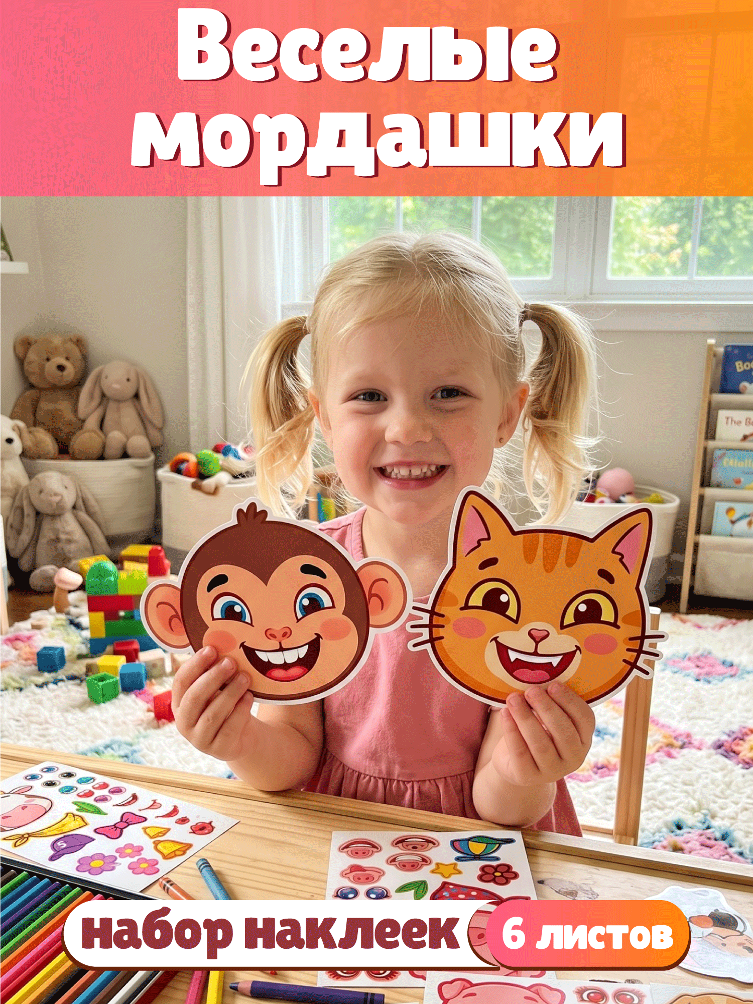 Набор стикеров/наклеек "Веселые мордочки", 6 листов, 102 шт.