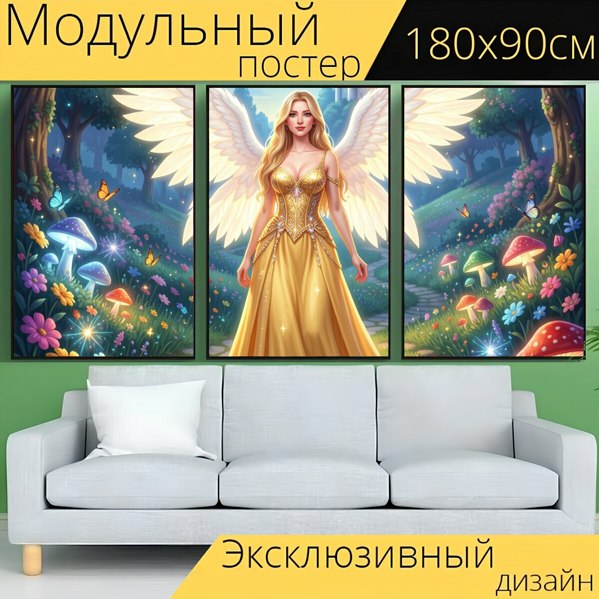 Модульный постер "Ангел в волшебном лесу. Сказочная девушка с белоснежными крыльями в сияющем золотом платье, лес с светящимися." 180 x 90 см. для интерьера на стену в тубусе