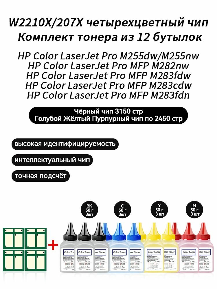 Тонер W2210X (HP207X) тонер 50г 12 шт + чип для картриджей , HP Color LaserJet Pro M255dw M255nw MFP M282nw M283fdn M283fdw, совместимый, Набор CMYK, 12 шт