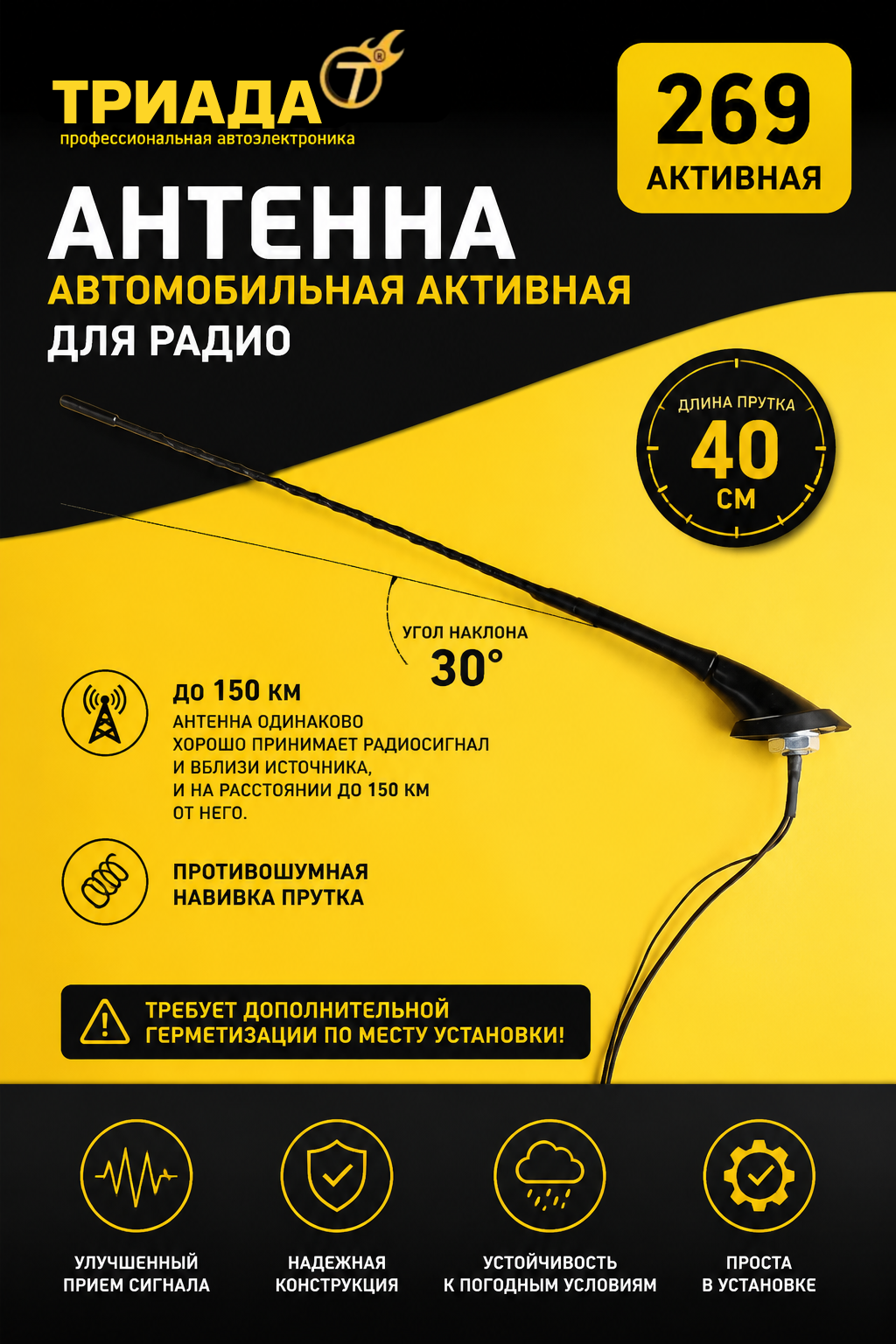 Врезная автомобильная антенна для радио Триада 269 активная, угол наклона 30 градусов
