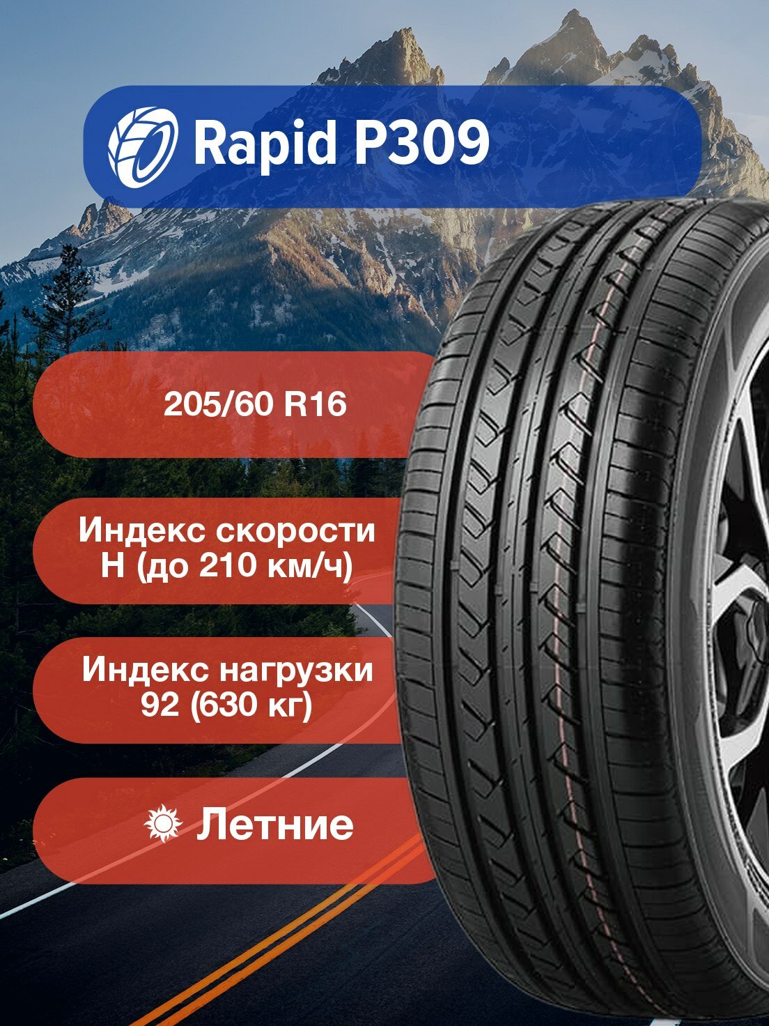 Легковые Летние Шины Rapid P309 205/60 R16 92H-1010200001685 для легковых автомобилей и кроссоверов