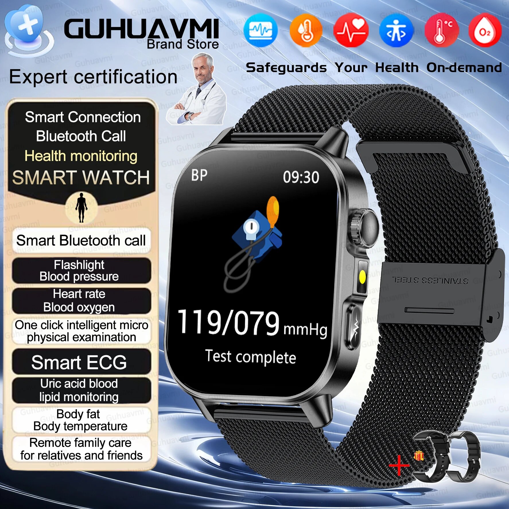 Smartwatch 2026 ECG+PPG Bluetooth Call для мужчин и женщин Black Mesh Belt 2A