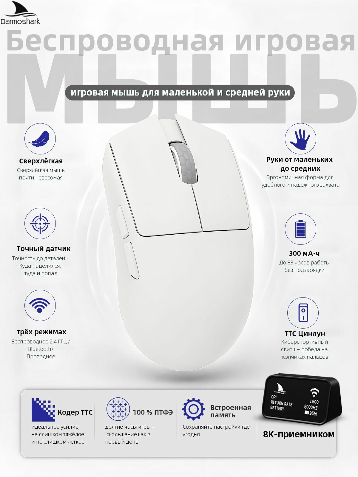 Игровая мышь беспроводная компьютерная офисная Darmoshark M3 Micro Pro 42г PAW3950 8K три режима