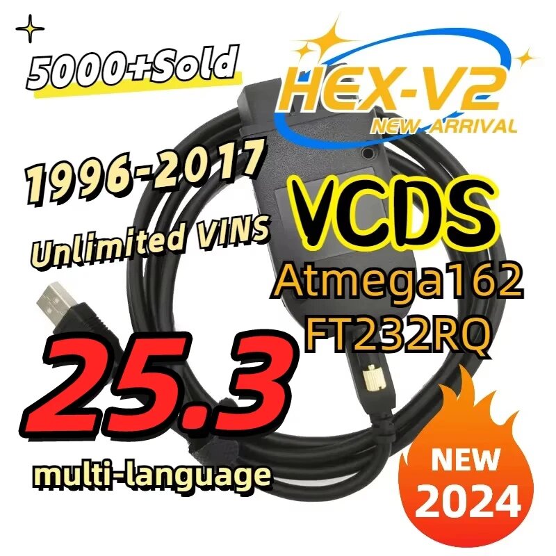 VAG COM HEX-V2 V25.3 OBD2 сканер, кабель, Russian