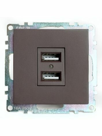 Розетка USB двухместная (механизм), GLS10-7115-04, 250B, 2,1А, серия Катрин, шоколад (без рамки), STEKKER 49027