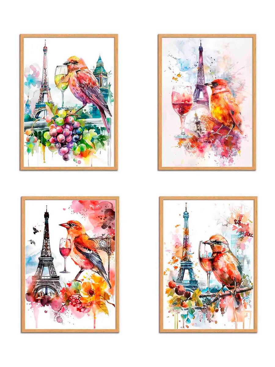 Птица клест кросбил Пьет Вино, 4 Плаката, 30x21см