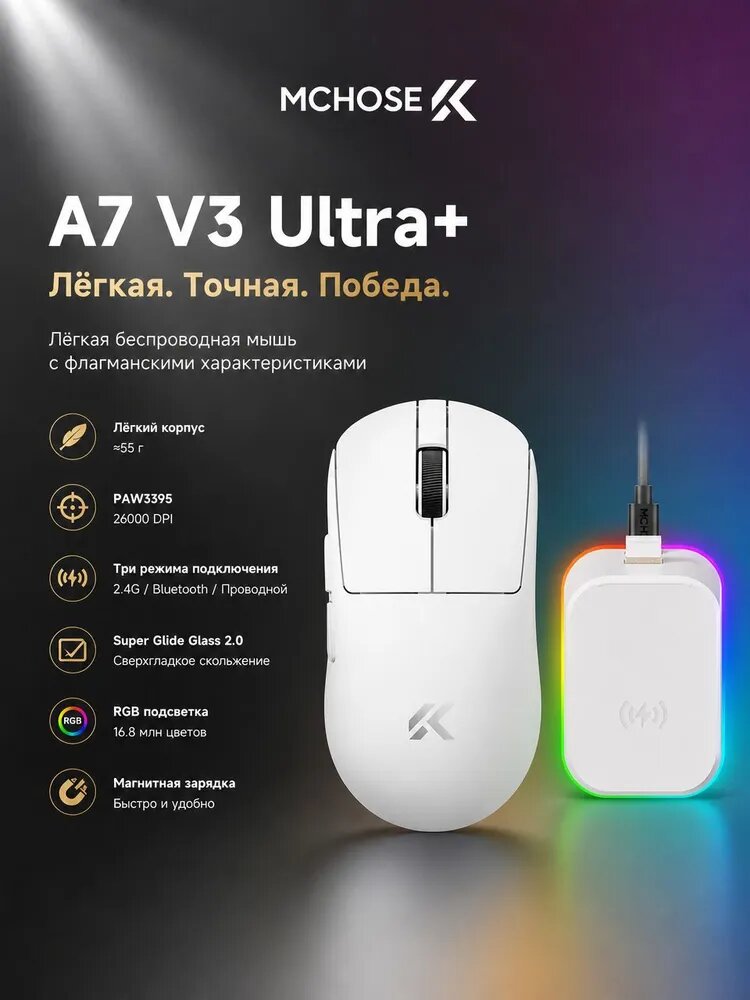 MCHOSE Игровая мышь беспроводная Беспроводная ультралегкая игровая мышь MCHOSE A7 V3 Ultra+ с флагманским сенсором PAW3955 TI, двойной 8K опрос, 59 г, Super Glide 2.0, RGB магнитная зарядная подставка, для средней и большой руки, белый, светло-серый