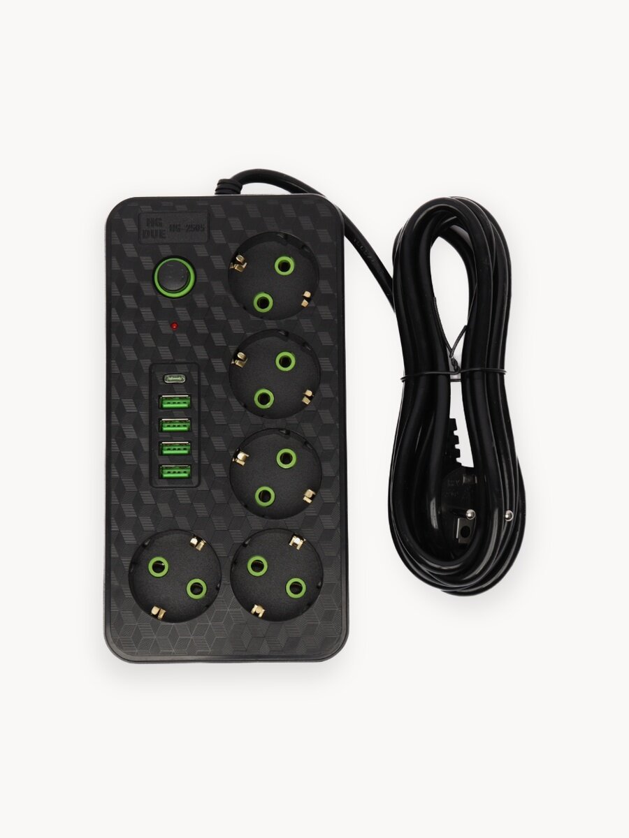 Сетевой фильтр OiShop, удлинитель, с USB, 5 розеток, 4 порта USB, 1 type-c черный