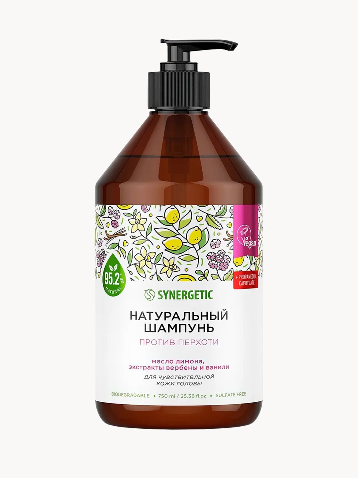 Натуральный бессульфатный шампунь SYNERGETIC Против перхоти для чувствительной кожи головы, 750 мл