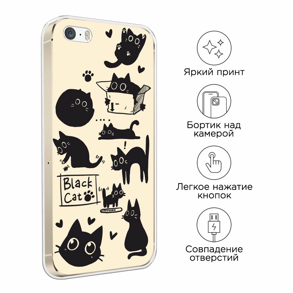 Чехол на Apple iPhone 5/5S/SE / Айфон 5/5S/SE с принтом "Чёрный котик рисунки" — фото 1