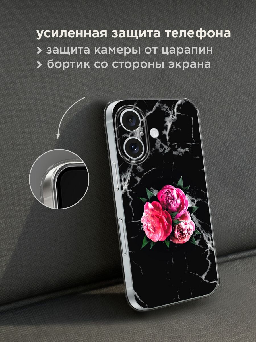 Чехол на Apple iPhone 16 / Айфон 16 с принтом "Букет на черном мраморе" — фото 1