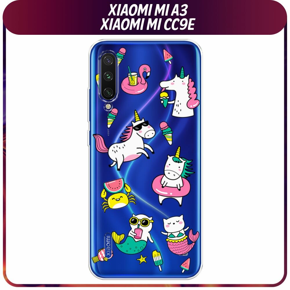 Чехол на Xiaomi Mi CC9E/Mi A3 / Сяоми Mi CC9E/Mi A3 с принтом "Единороги в отпуске", прозрачный