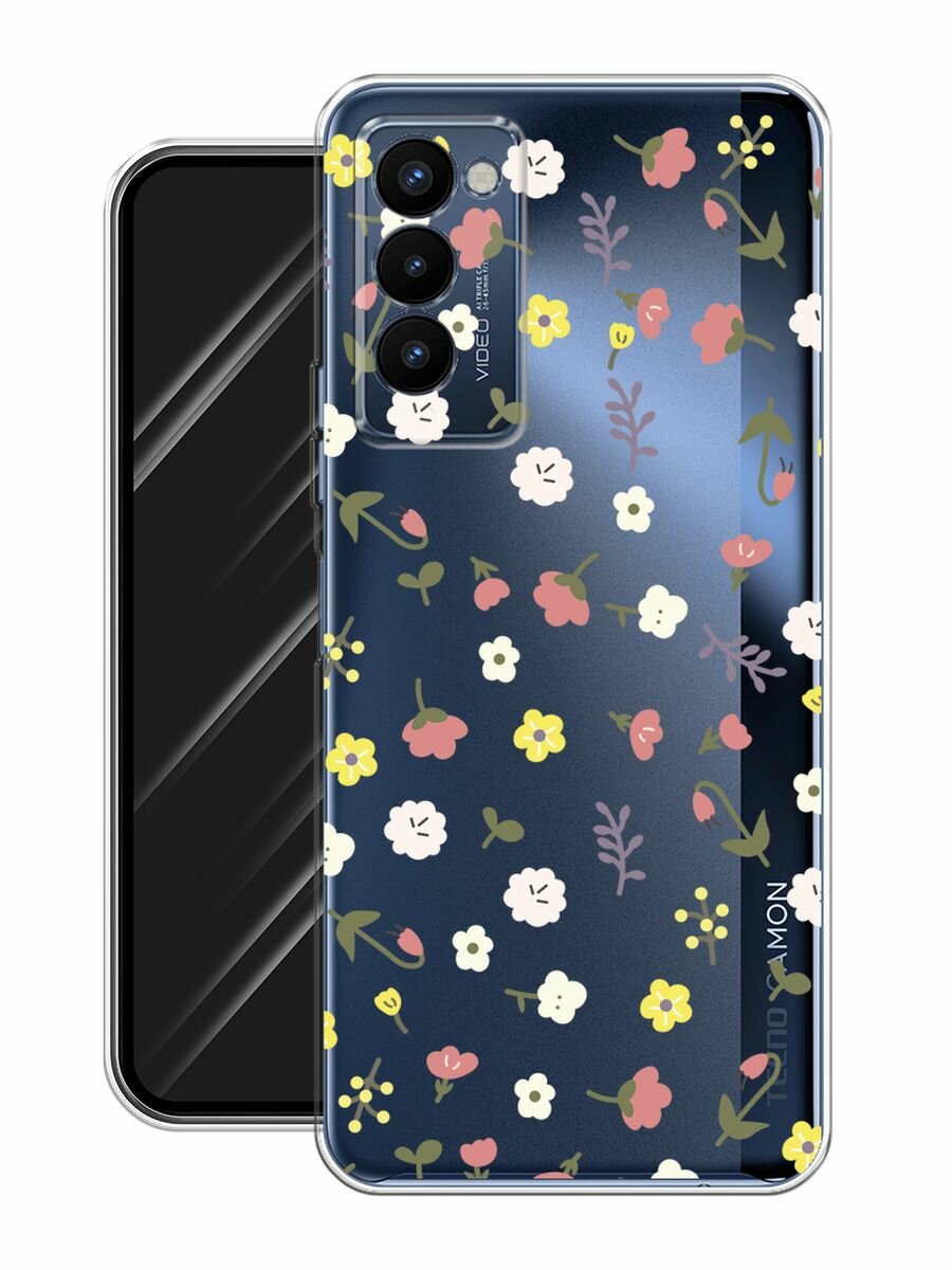 Чехол на Tecno Camon 18P / Техно Камон 18Р с принтом "Россыпь цветов рисунок", прозрачный — фото 1