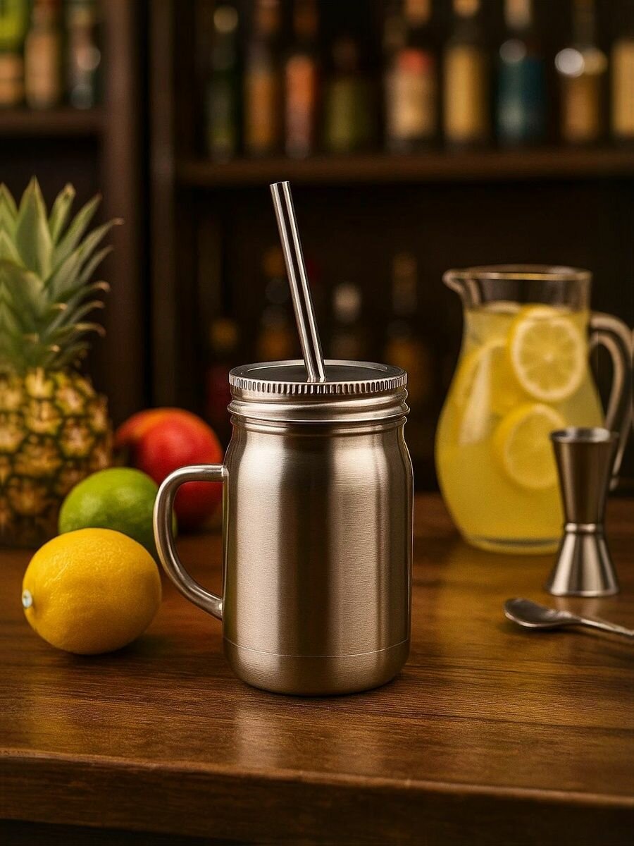 Набор кружка с крышкой и трубочкой, металл 650 мл, 1 шт. Коробка подходит для подарка. Ударопрочное стекло, для коктейлей, сока, лимонада.