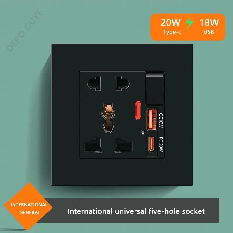 Универсальная вилка типа C, 20 Вт, 5-контактная настенная розетка для быстрой зарядки, 220 В, Black