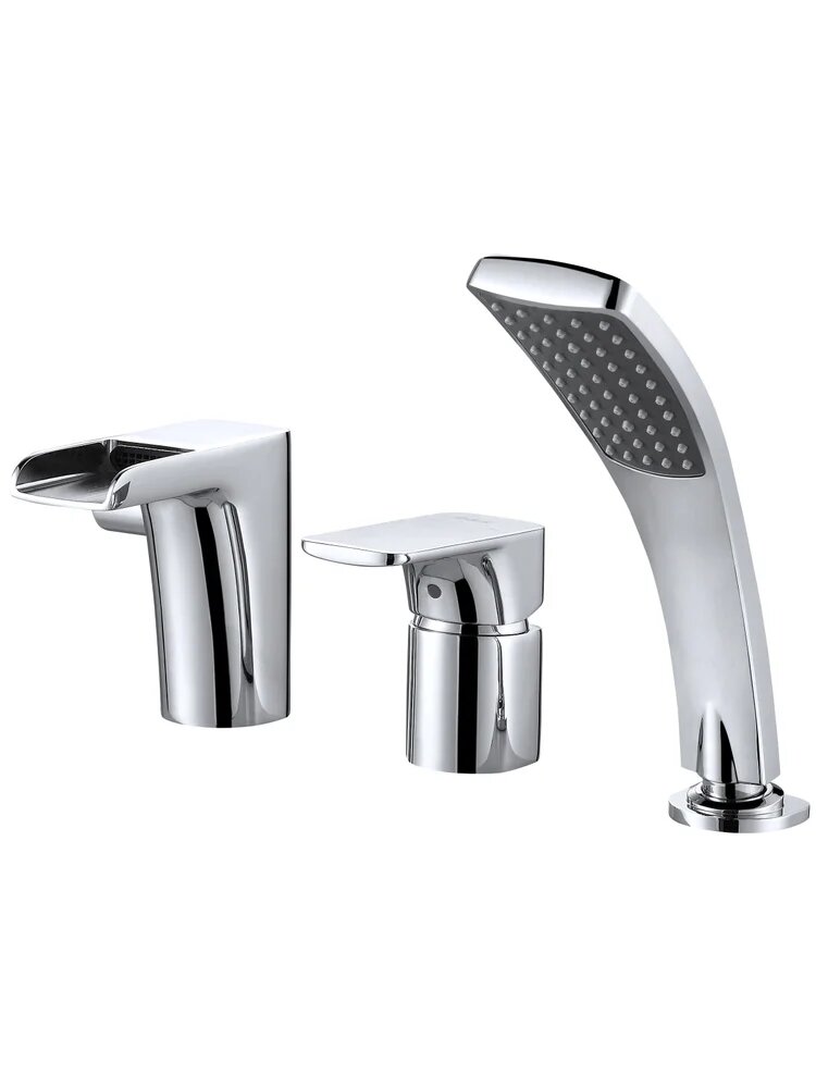 Смеситель на борт ванны D&K Berlin Freie DA1434201 С внутренней частью, встраиваемый, каскадный, с душевой лейкой, хром, глянцевый, латунный, смеситель для ванны с душем, рычажный