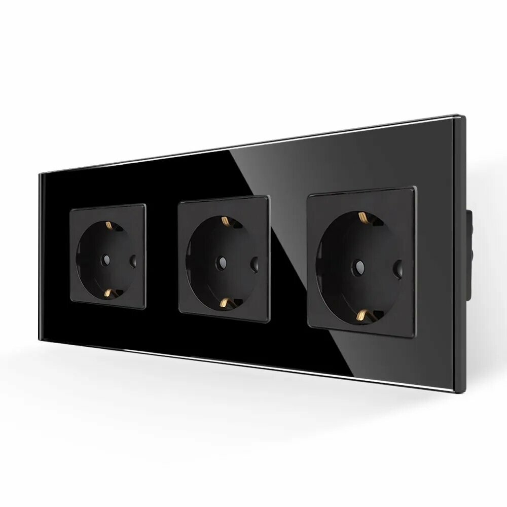 Розетка тройная 3 пост рамка стекло Черный