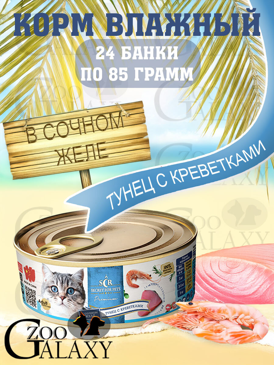 SECRET FOR PETS Консервы для кошек тунец с креветками в желе, 24х85 г