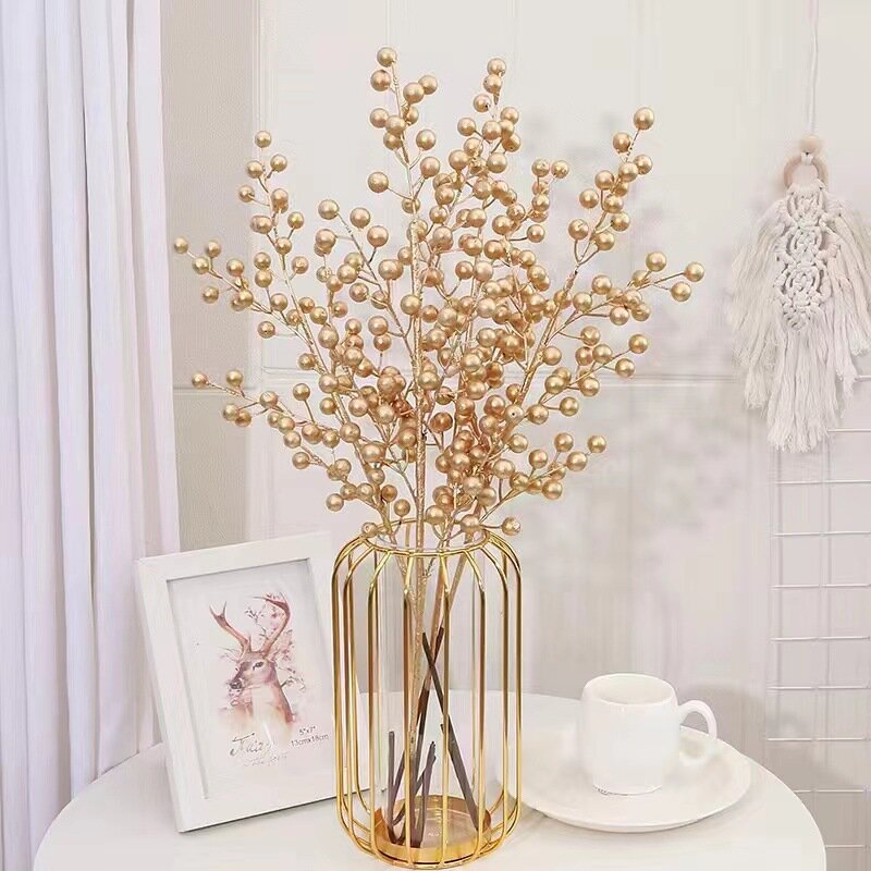 Горячая распродажаГорячая продажа 3-конечного веера, лист гинкго, искусственный цветок, золотая удача, красные плоды, зимнее зеленое украшение для новоселья, декор для гостиной