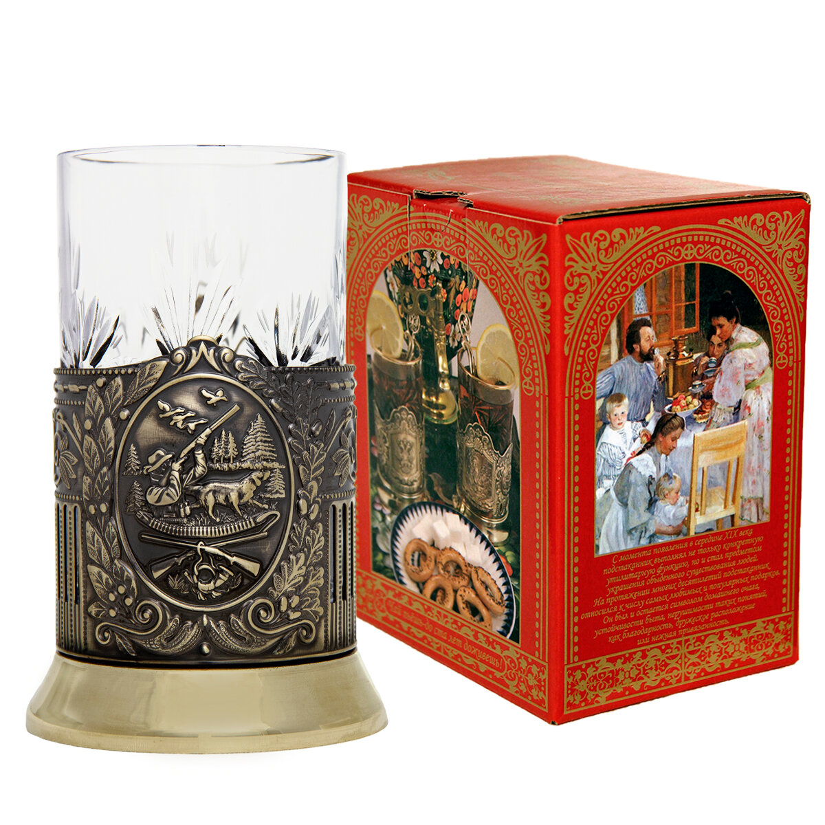 Подстаканник "Охотник" карт. коробка, хруст. стакан, латунь, штамп ПД-375ШК-л