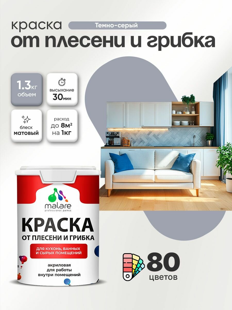 Краска Malare Professional от плесени и грибка, для кухни, ванных комнат и сырых помещений, без запаха матовая, темно-серый, (1л - 1.3кг).