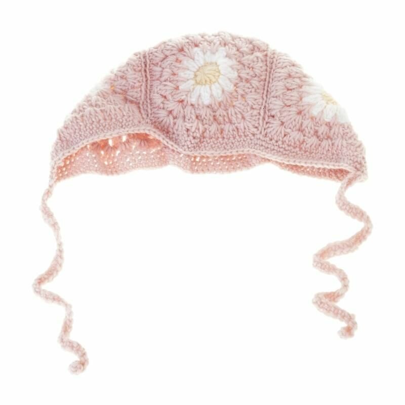 Вязаная кружевная шапочка для малышей с регулируемыми завязками, модная шапка с ушками, теплый и милый головной убор для девочек, - Белый цветочный розовый ха