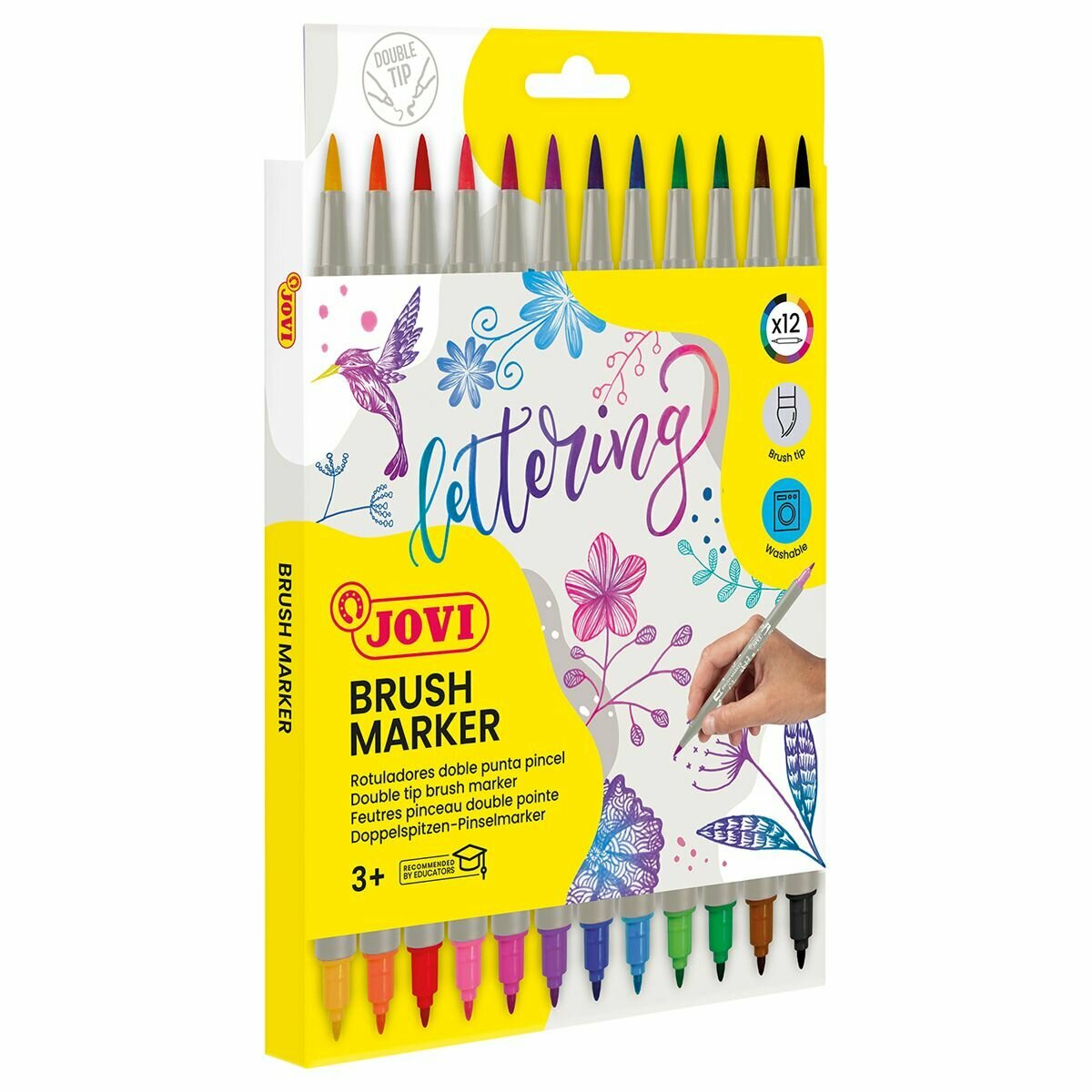 Набор двухсторонних маркеров-кистей JOVI "Lettering", 12цв, на водной основе, кисть/пулевидный